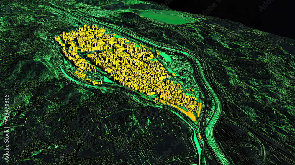 Technical aerial visual, 3D LiDAR GIS aerial map satellite scan model ...