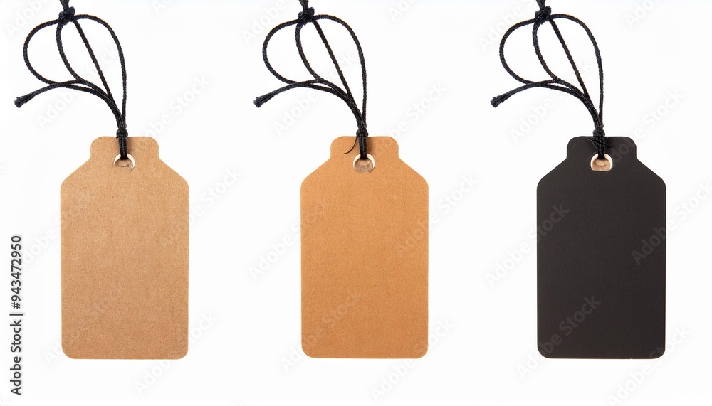 carton paper label tags with black string cord knot different colored ...