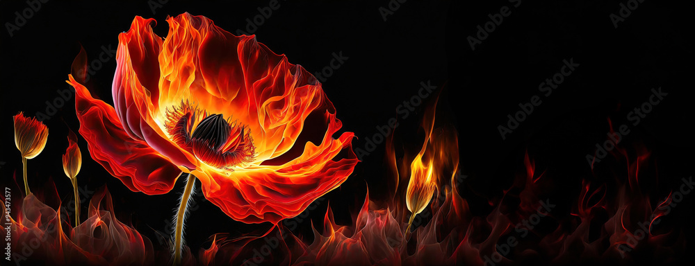 Red poppy flower in close-up on a black background, symbolizing ...