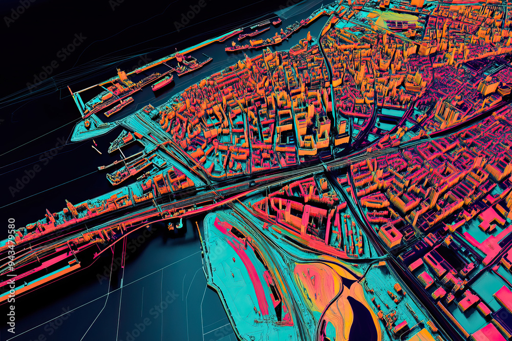 Technical aerial visual, 3D LiDAR GIS aerial map satellite scan model isolated, showing ...
