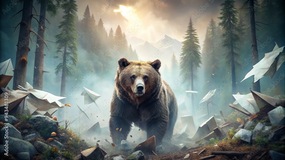 Majestic grizzly bear emerges from foggy forest mist amidst torn paper ...