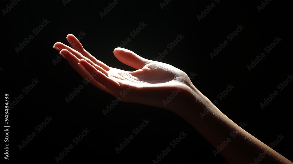 A solitary hand reaching out in a dark setting, illuminated by soft ...