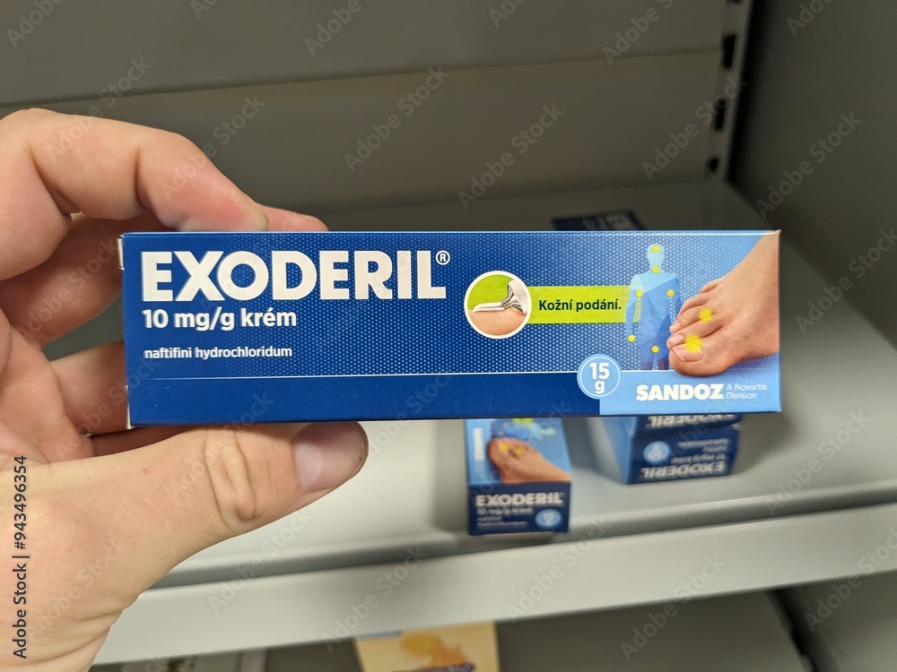 Prague, Czech Republic - August 28 2024: EXODERIL box with NAFTIFINE ...