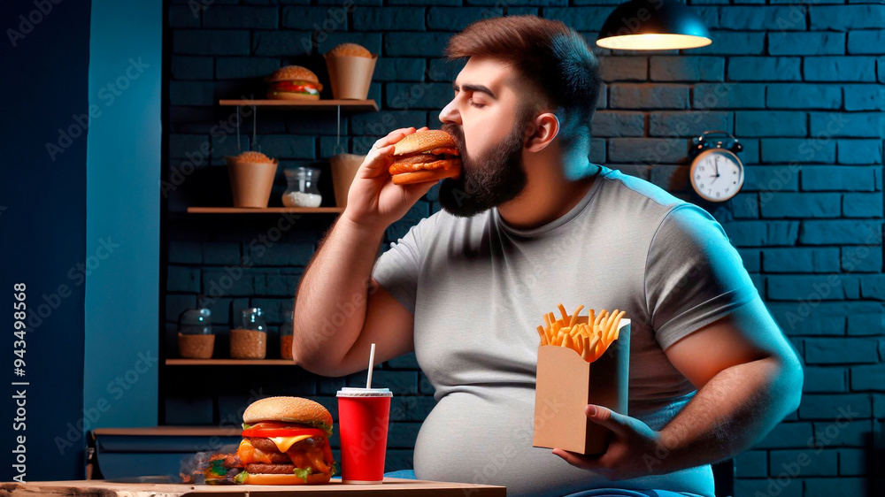 Overweight man eating burger. Concept of fighting excess weight and ...