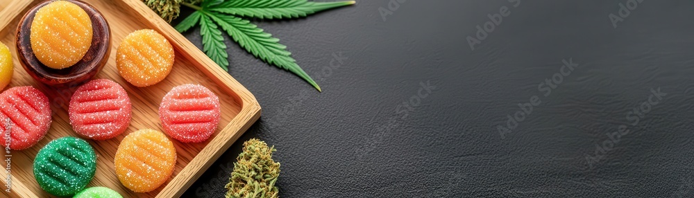Vibrant cannabis-infused candy alongside handcrafted wooden rolling ...