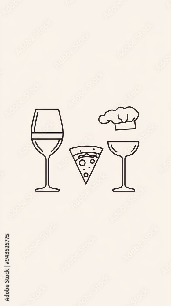 Vector designs showcase a wine glass, a slice of pizza, and a dessert ...