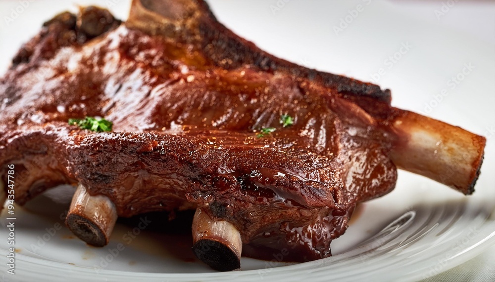 macro closeup of cooked brown meat with a fatty texture on a white ...