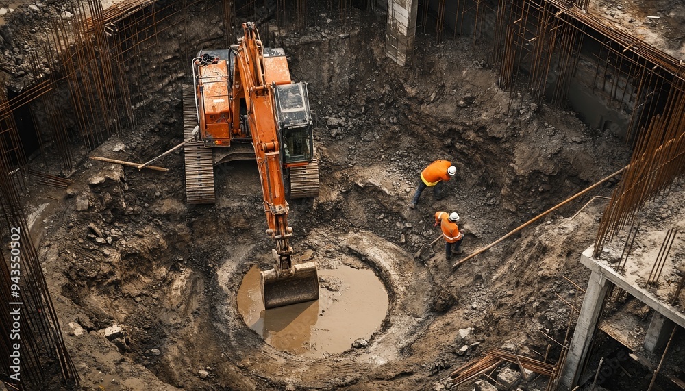 Initial construction stage digging pit and pouring concrete at a ...