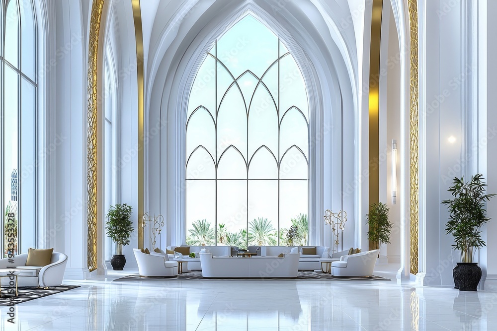An interior of a luxury hotel lobby zone with a reception desk and ...