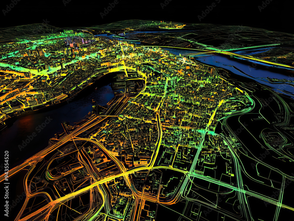 Technical aerial visual, 3D LiDAR GIS aerial map satellite scan model ...