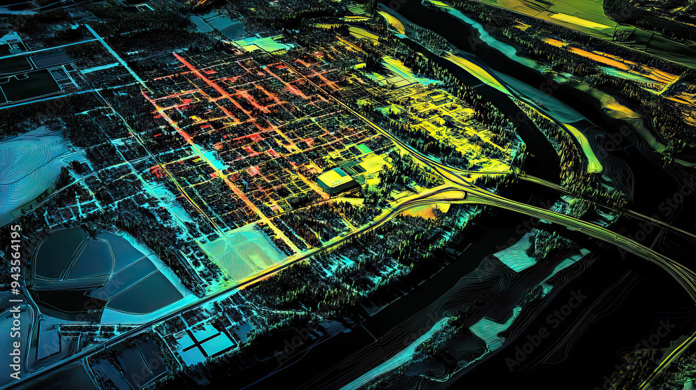 Technical aerial visual, 3D LiDAR GIS aerial map satellite scan model ...