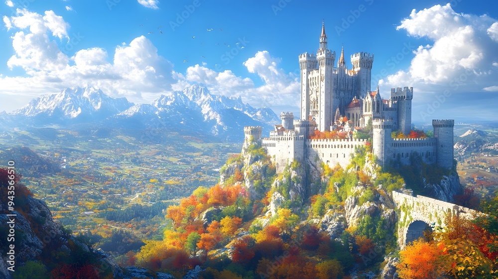 Photo & Art Print Majestic medieval castle on hilltop, bright blue sky with white fluffy clouds ...