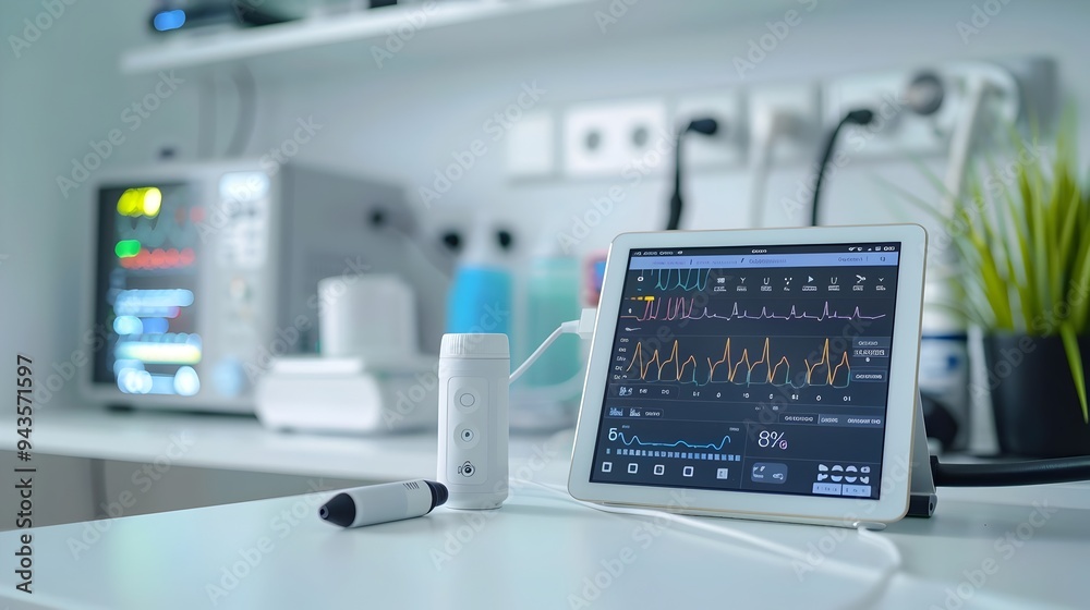 Remote Patient Monitoring Setup with Tablet Displaying Vital Signs for ...