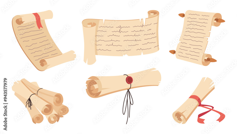 Old or ancient magic scrolls with seals, tied with ribbons. Vector flat ...