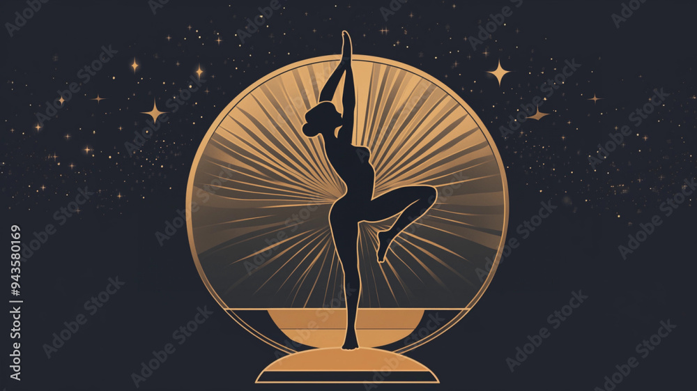 Gold art deco yoga pose namaste bright sun burst on dark background ...