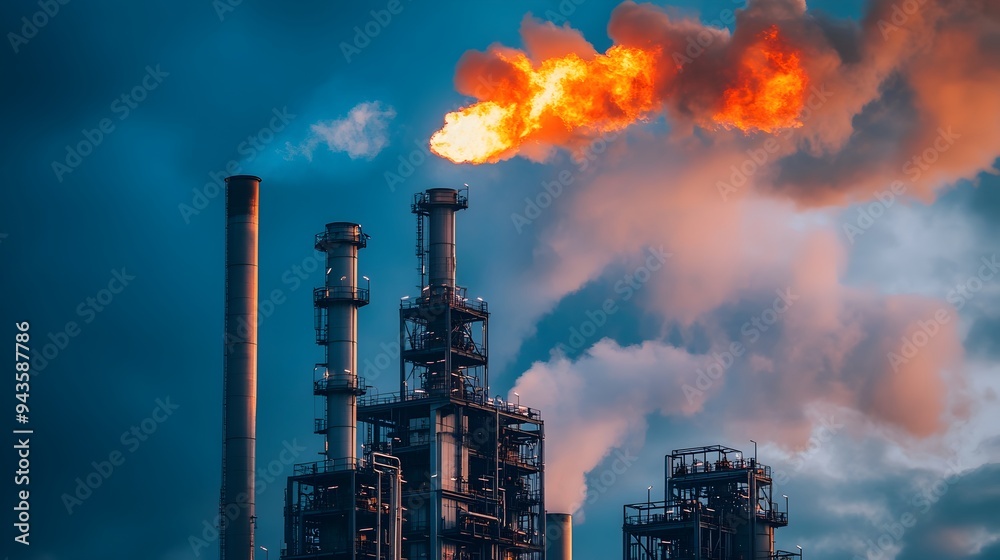 Photograph of an oil refinery with flames burning off excess gases ...