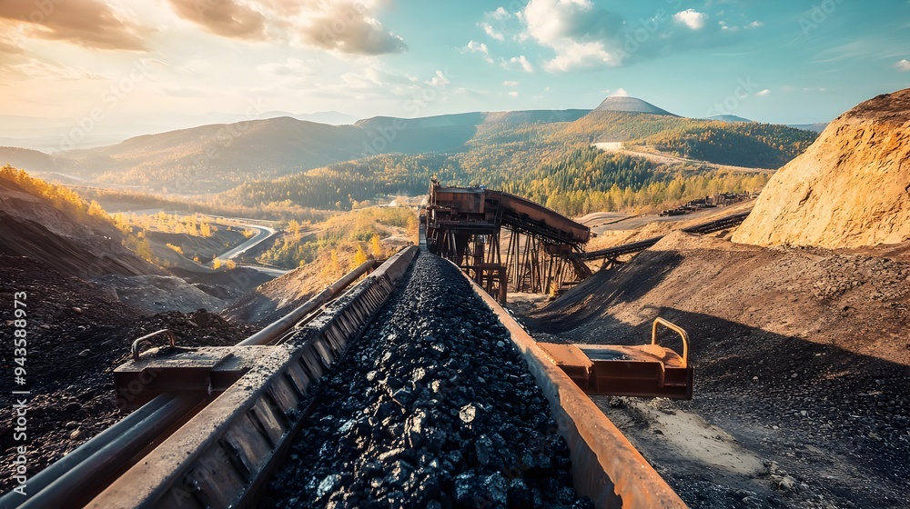 A photograph of a coal mine with a conveyor belt transporting coal ...