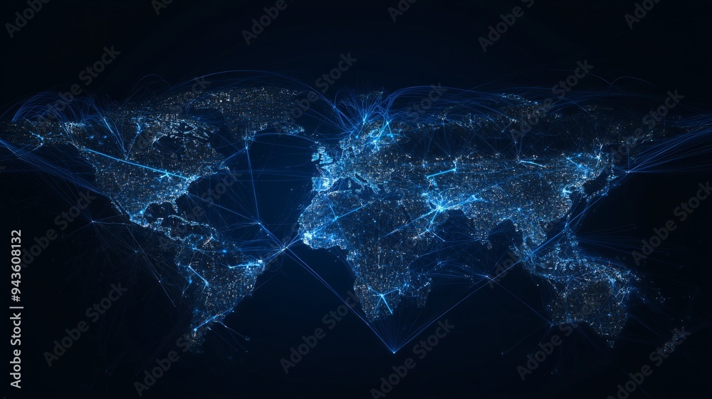 Global network map with blue lines connecting major cities in a digital ...