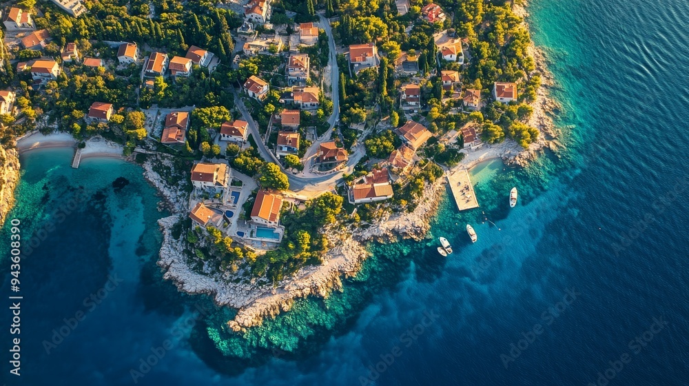 Panoramic aerial view of the picturesque Blue Lagoon village Veli ...