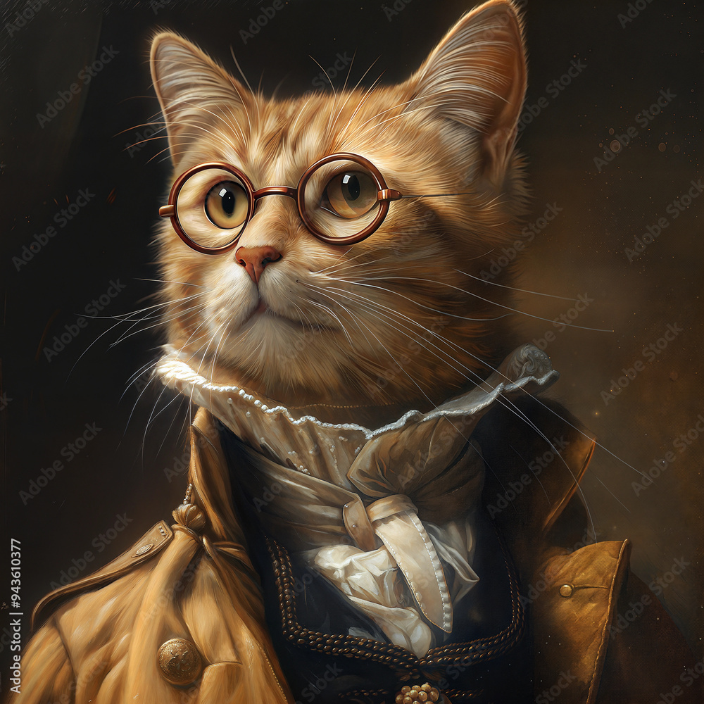 Portrait, orange-white cat scientist, philosopher in glasses and an old ...