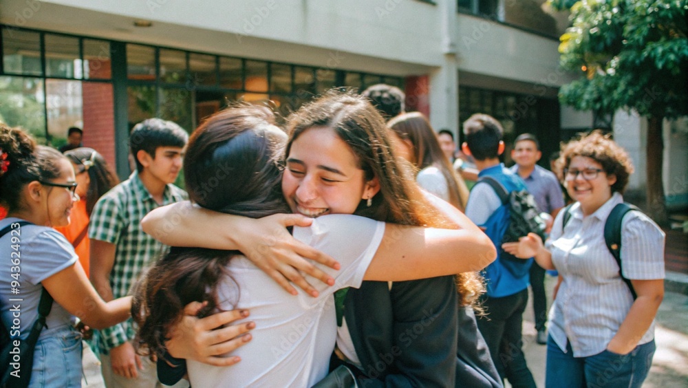 Last day of high school, students saying goodbye, emotional hugs. Stock ...
