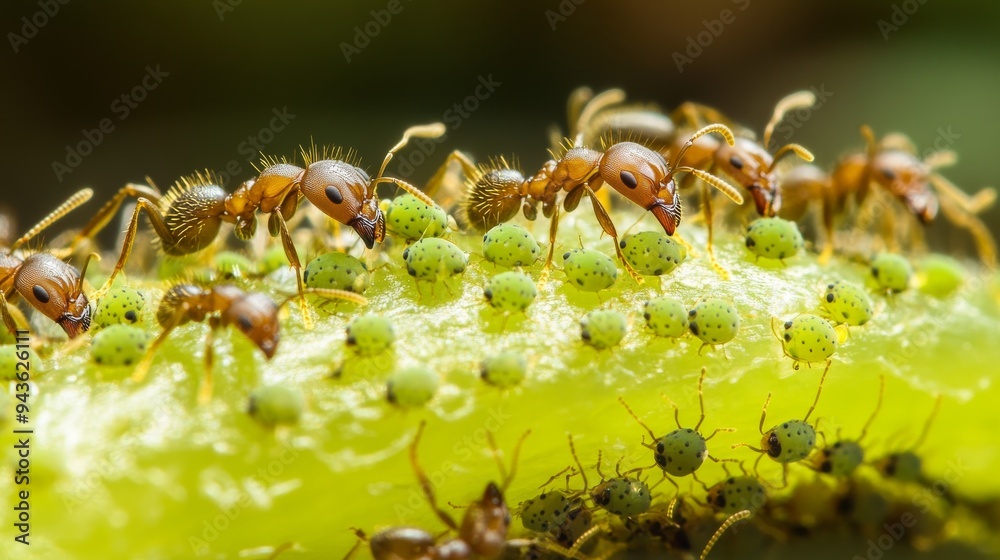 A colony of ants farming aphids in a sustainable way, ensuring both ...