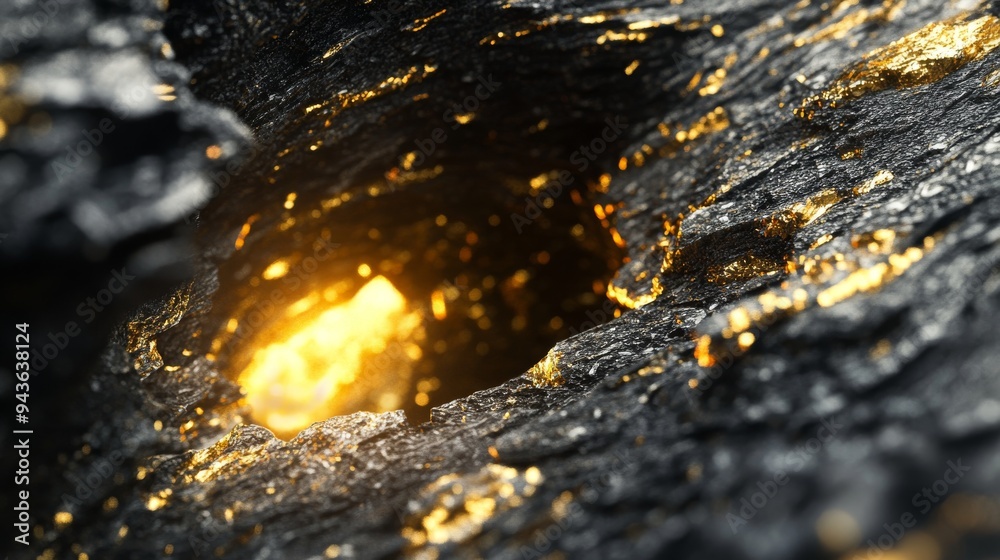 The scene depicts a photorealistic image of a gold deposit in a mining ...