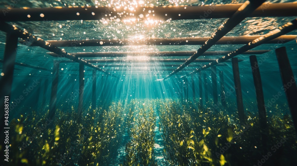 The seaweed grows in a submerged rack system up close. Stock Photo ...