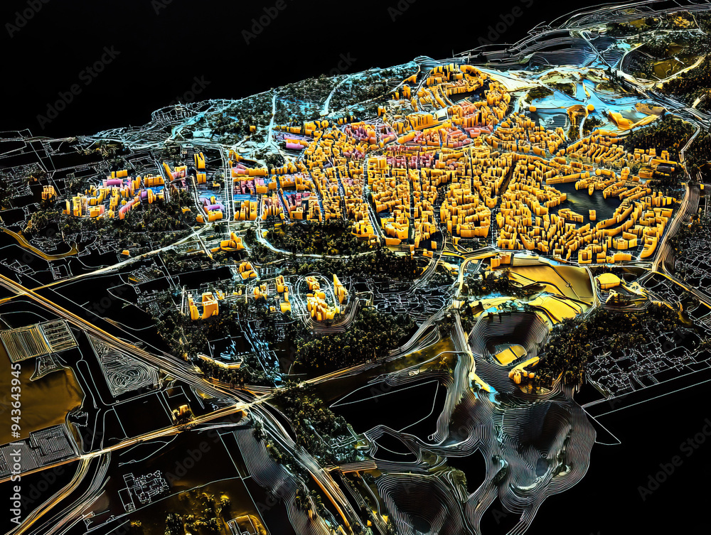 Technical aerial visual, 3D LiDAR GIS aerial map satellite scan model ...