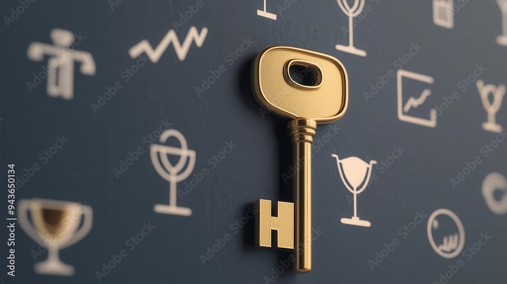 Golden key unlocking a vault of floating, shining icons representing ...
