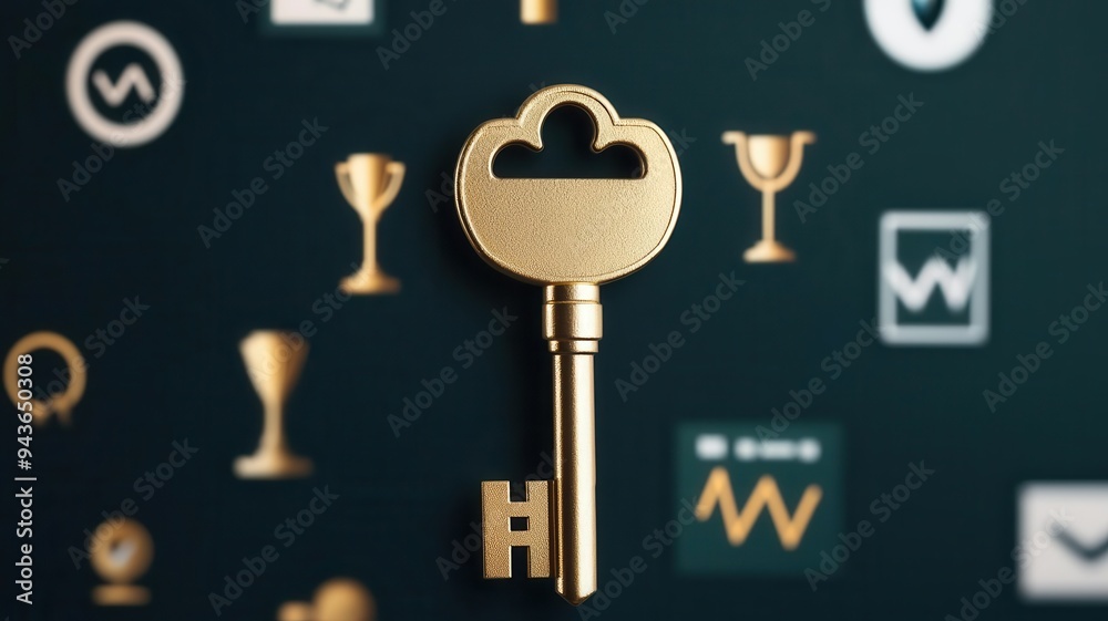Golden key unlocking a vault of floating, shining icons representing ...