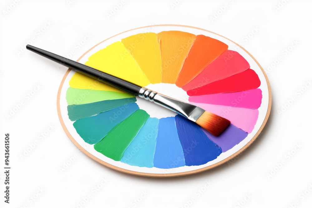 Color wheel with vibrant paint swatches and a brush, perfect for art ...
