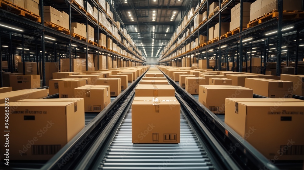 Automated Warehouse with Rows of Shelves and Moving Boxes. Modern ...