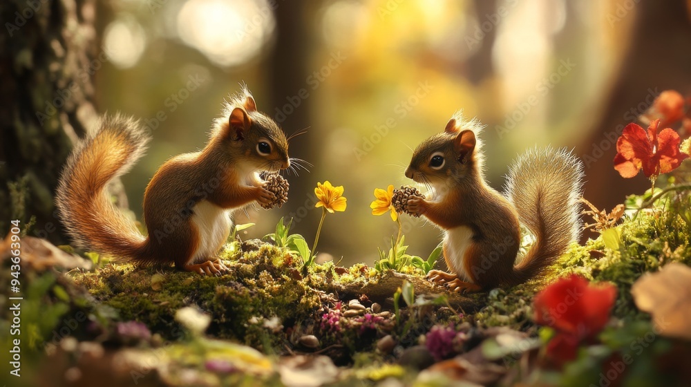 Squirrels planting seeds in a forest, helping to grow new trees and ...