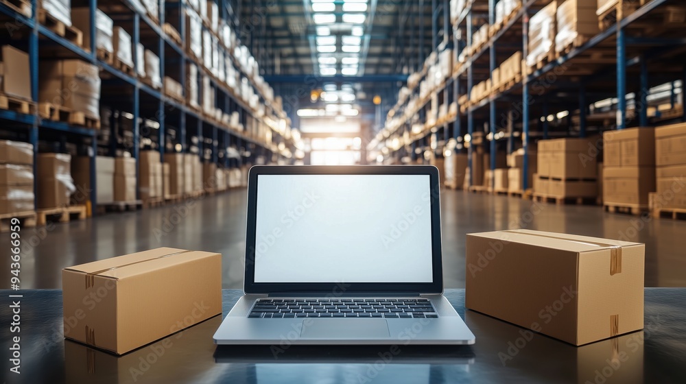 Laptop with Boxes in Large Warehouse. Laptop is placed on the floor of ...