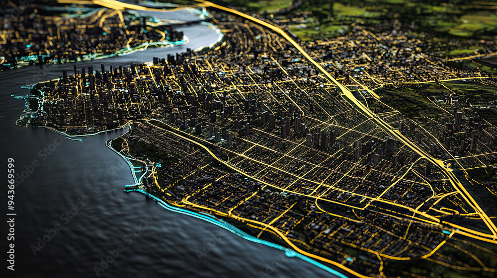 Technical aerial visual, 3D LiDAR GIS aerial map satellite scan model ...