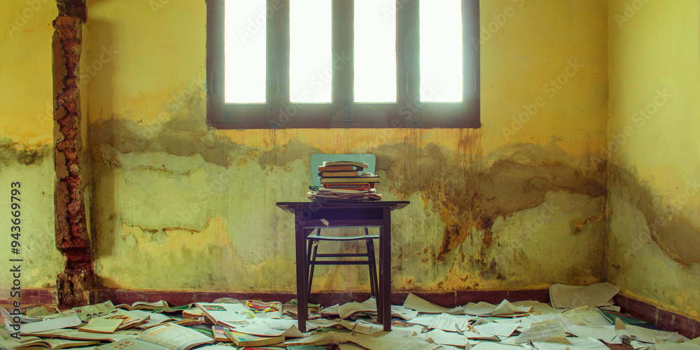 An abandoned table with books on the table and on the floor, thrown and ...