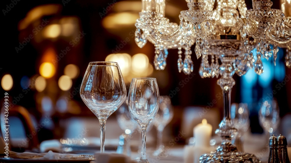Elegant dining table setting with sparkling crystal chandelier. This ...