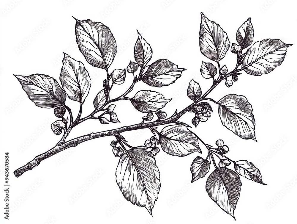 Black and white Vintage engraved art of an alder tree branch, isolated ...