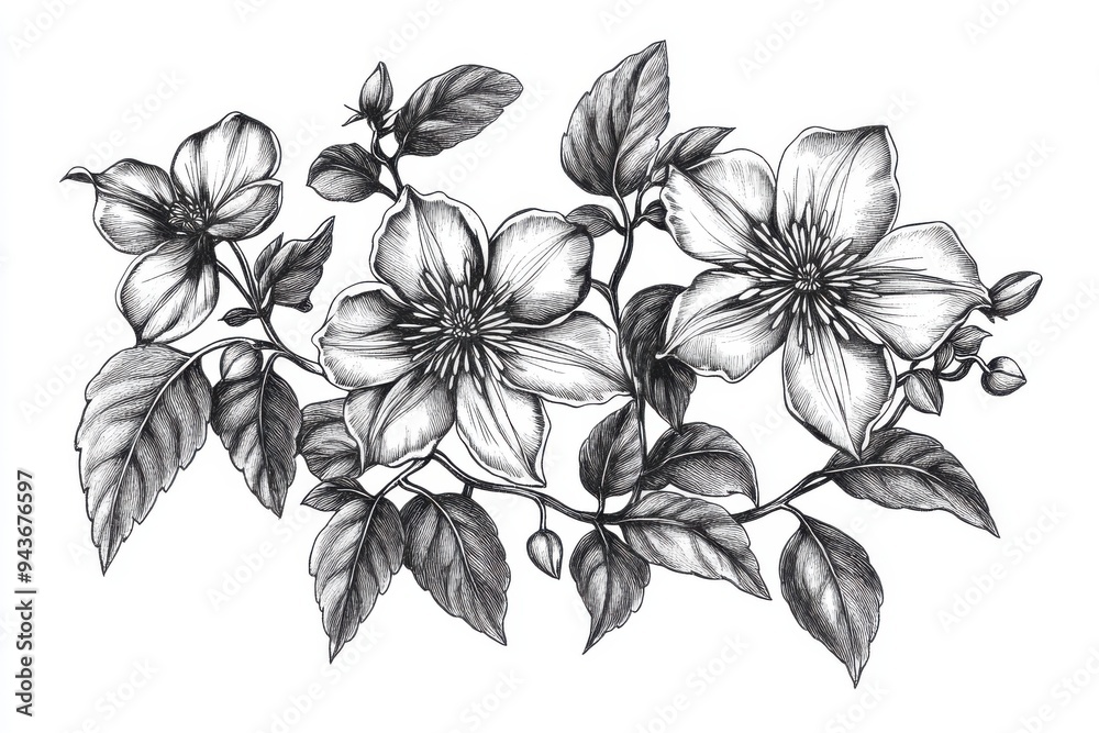 Black and white Vintage engraved art of clematis vines, isolated on ...