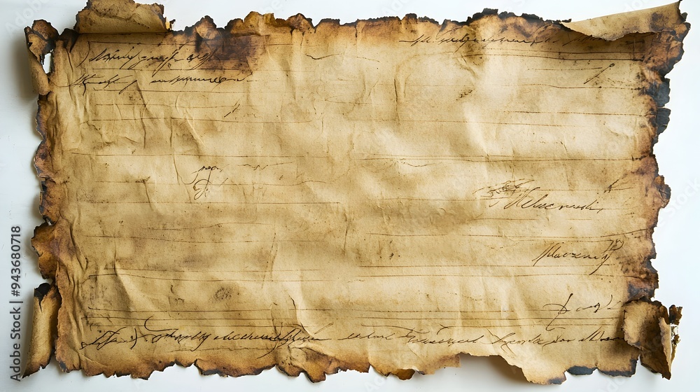 Worn and Faded Parchment Scroll with Burnt Edges and Antique Manuscript ...