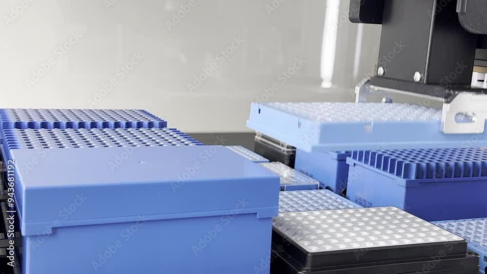 laboratory automated liquid handling system, robotic arm with multiple pipette tips above a tray ...