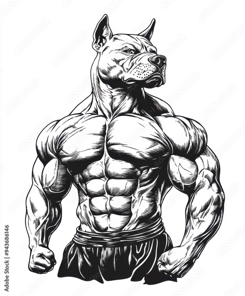 Black and white Vintage engraved art of a humanoid dog with bodybuilder ...