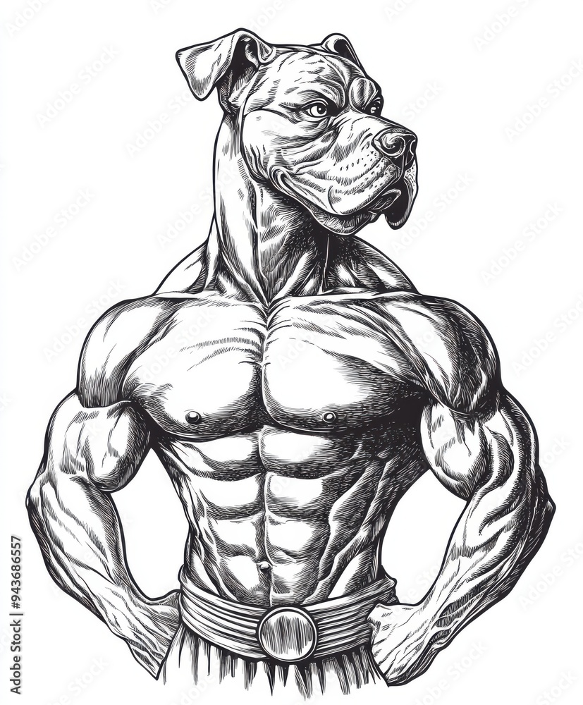 Black and white Vintage engraved art of a humanoid dog with bodybuilder ...