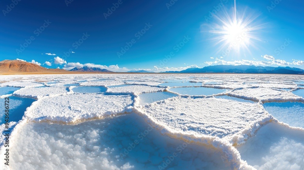 Salt flats with hexagonal salt formations under a bright sun ...