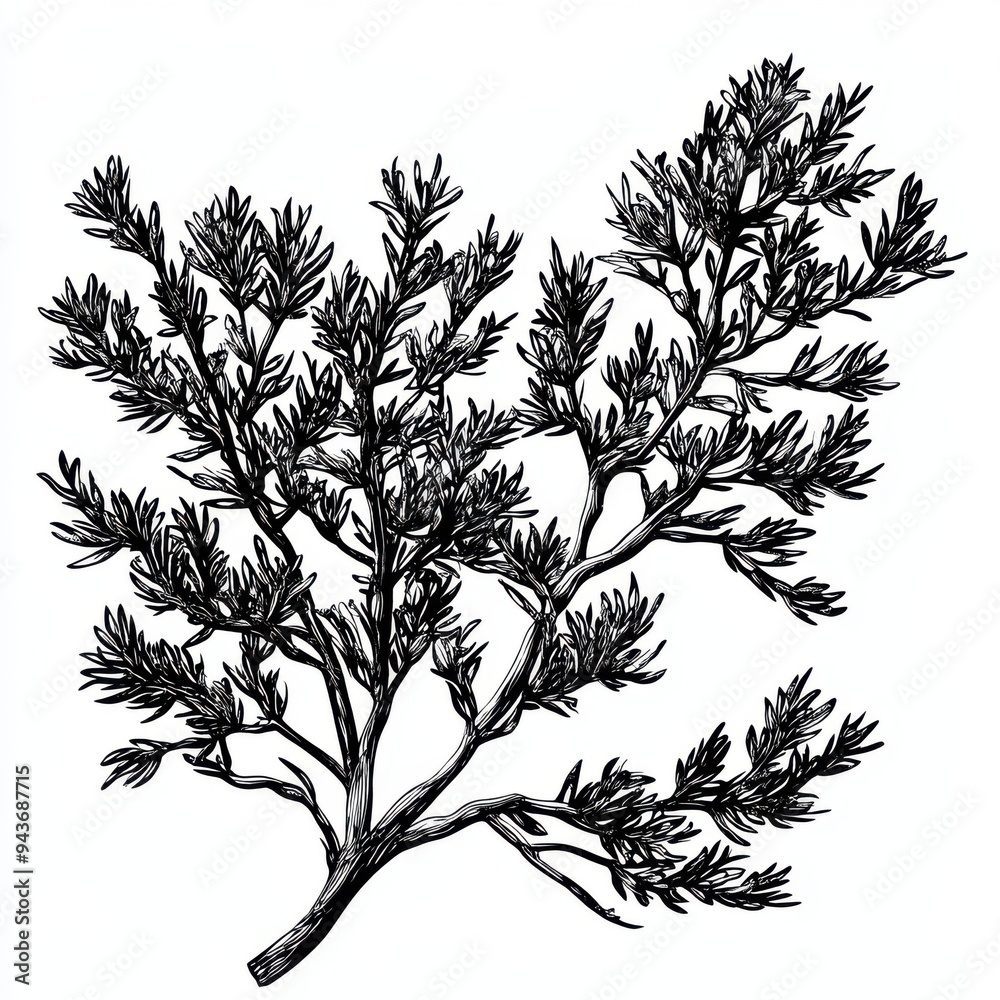 Black and white Vintage engraved art of a juniper tree branch, isolated ...