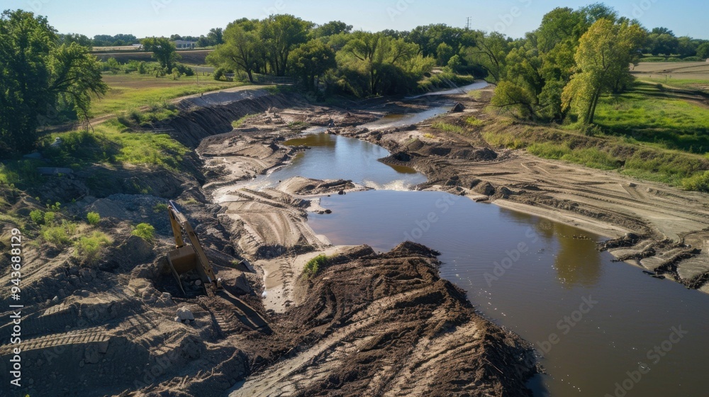 Aerial view of a riverbank stabilization project, with erosion control ...