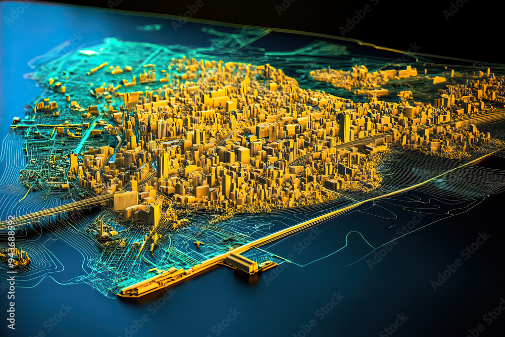 Technical aerial visual, 3D LiDAR GIS aerial map satellite scan model ...