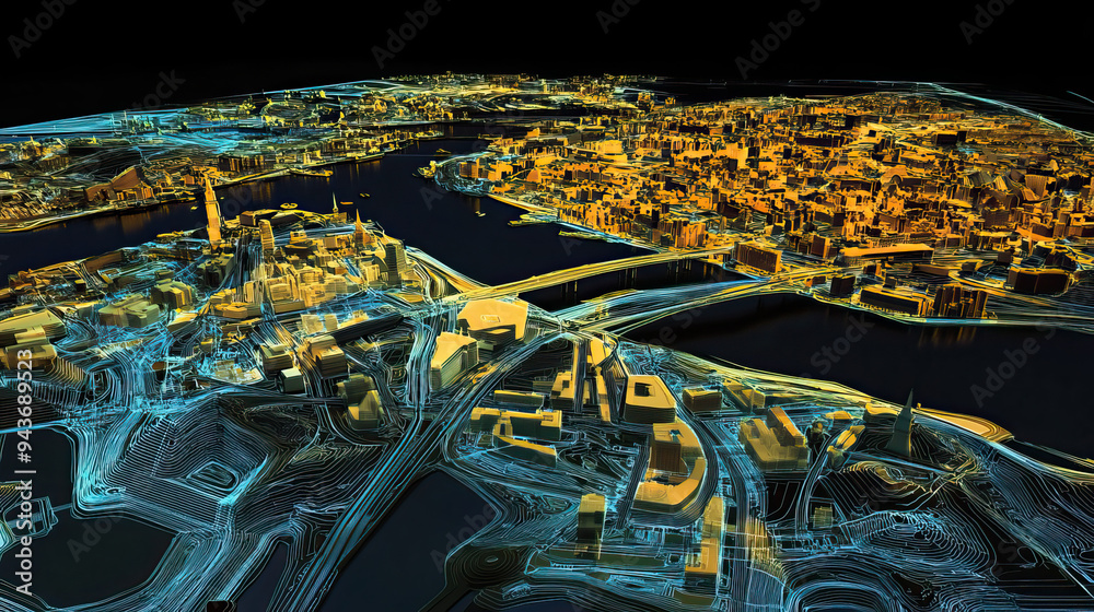 Technical aerial visual, 3D LiDAR GIS aerial map satellite scan model ...