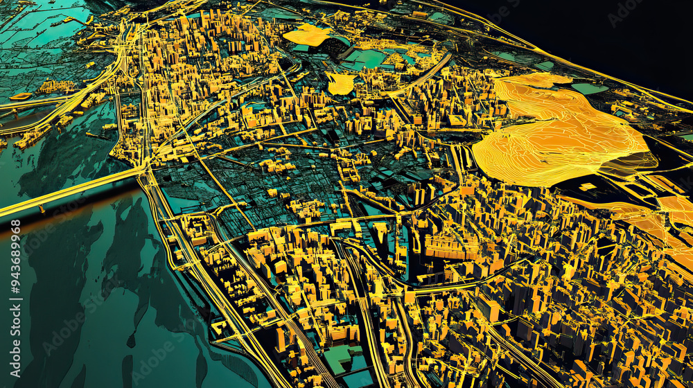 Technical aerial visual, 3D LiDAR GIS aerial map satellite scan model ...